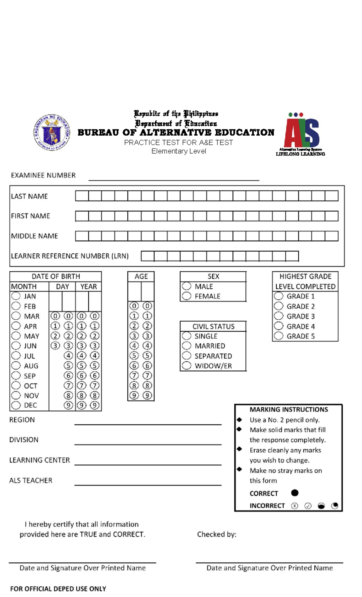 AEPractice Test AS EL - answer sheet - Bachelor of Elementary Education ...