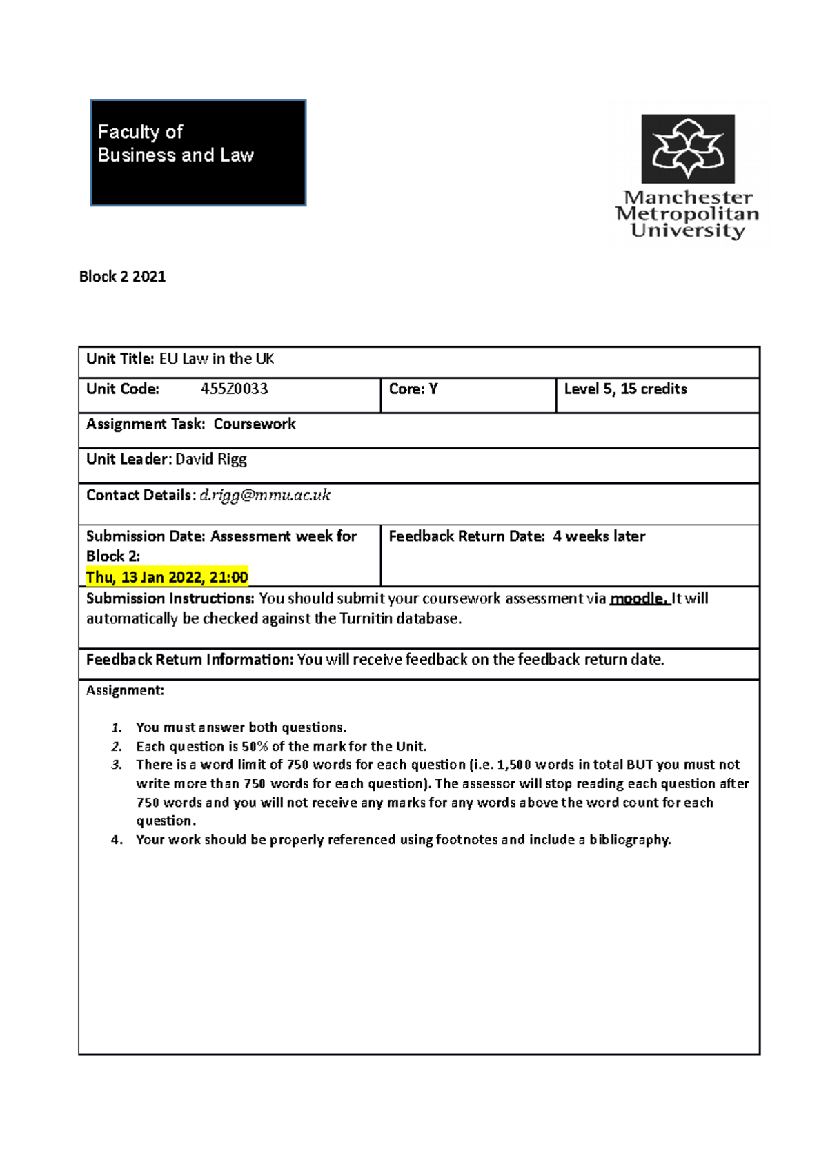 Assigment 1 and 2 Brief - Block 2 2021 Unit Title: EU Law in the UK ...