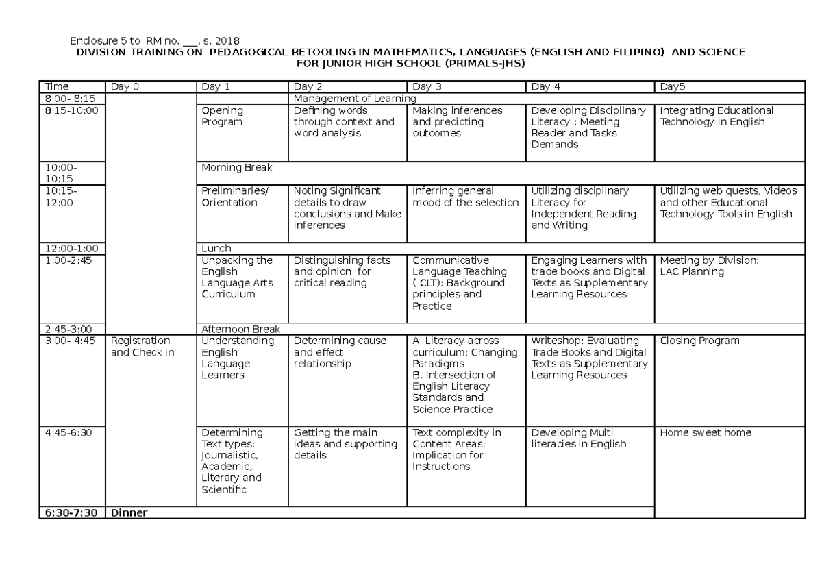 Training Matrix- English - Enclosure 5 to RM no. ___, s. 2018 DIVISION ...