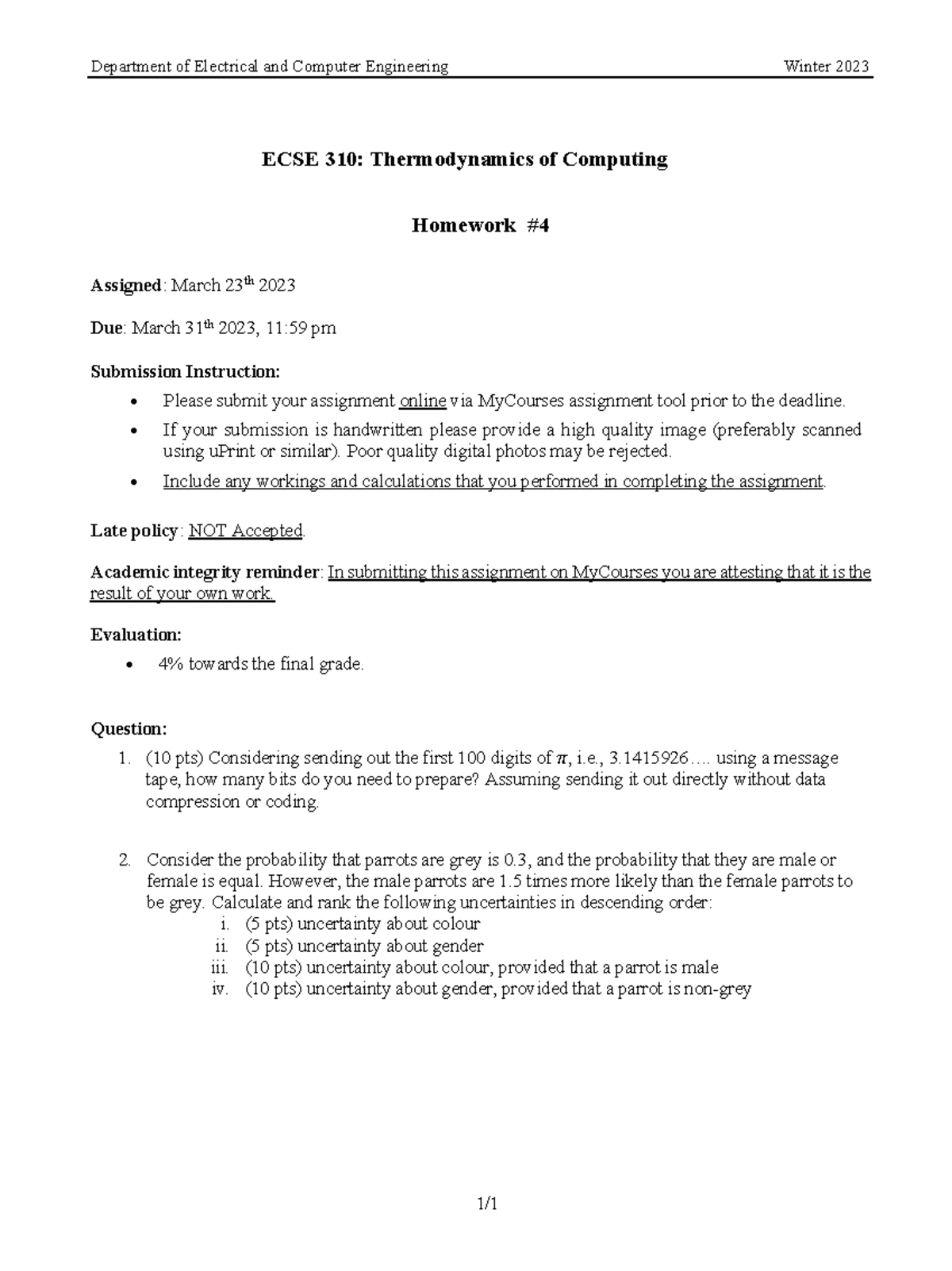 ECSE310 HW4 - assignment - 1 / 1 Department of Electrical and Computer Engineering Winter 2023 ...