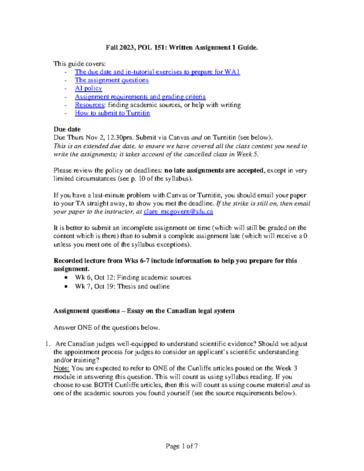 Written Assignment 1 Guide updated Oct 18 - Fall 2023 , POL 151: Written Assignment 1 Guide ...