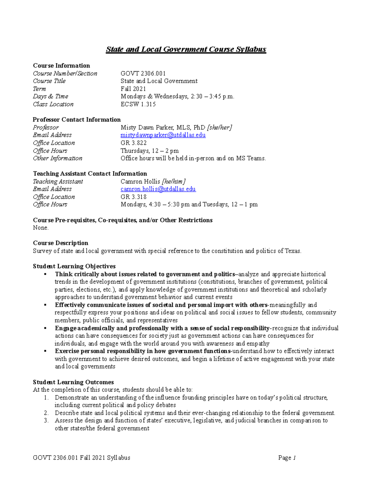 GOVT 2306 Syllabus - State and Local Government Course Syllabus Course ...