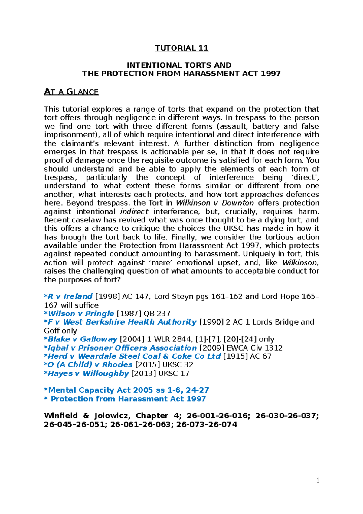 Tutorial 11 Intentional Torts - TUTORIAL 11 INTENTIONAL TORTS AND THE ...