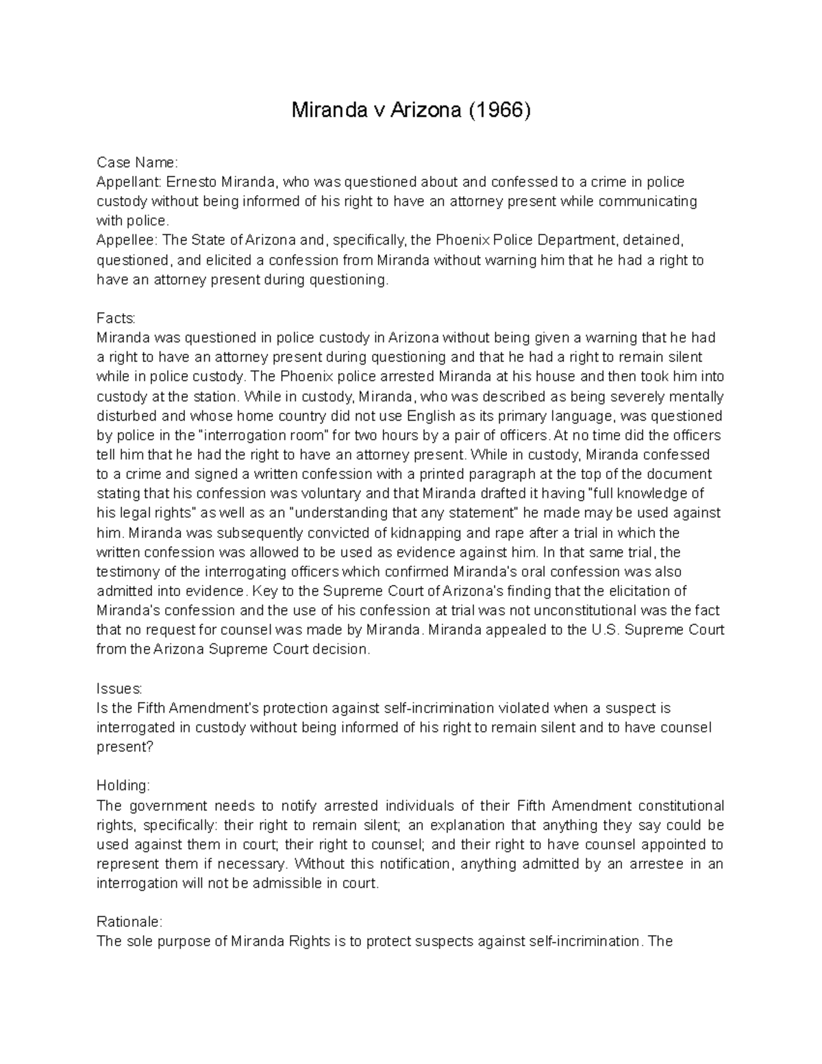 Miranda case brief - Haley Taylor - Miranda v Arizona (1966) Case Name ...