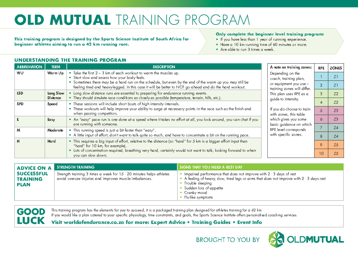 Beginner 42km Training Program - OLD MUTUAL TRAINING PROGRAM This ...