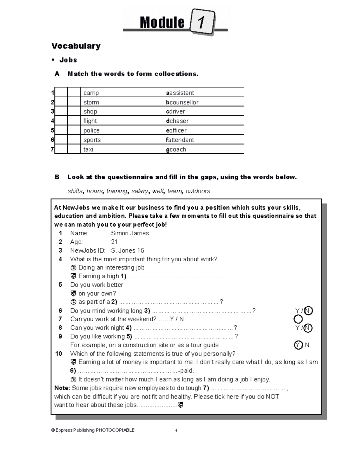 PT TRP Mod 1 - fghjk - Vocabulary Jobs A Match the words to form ...