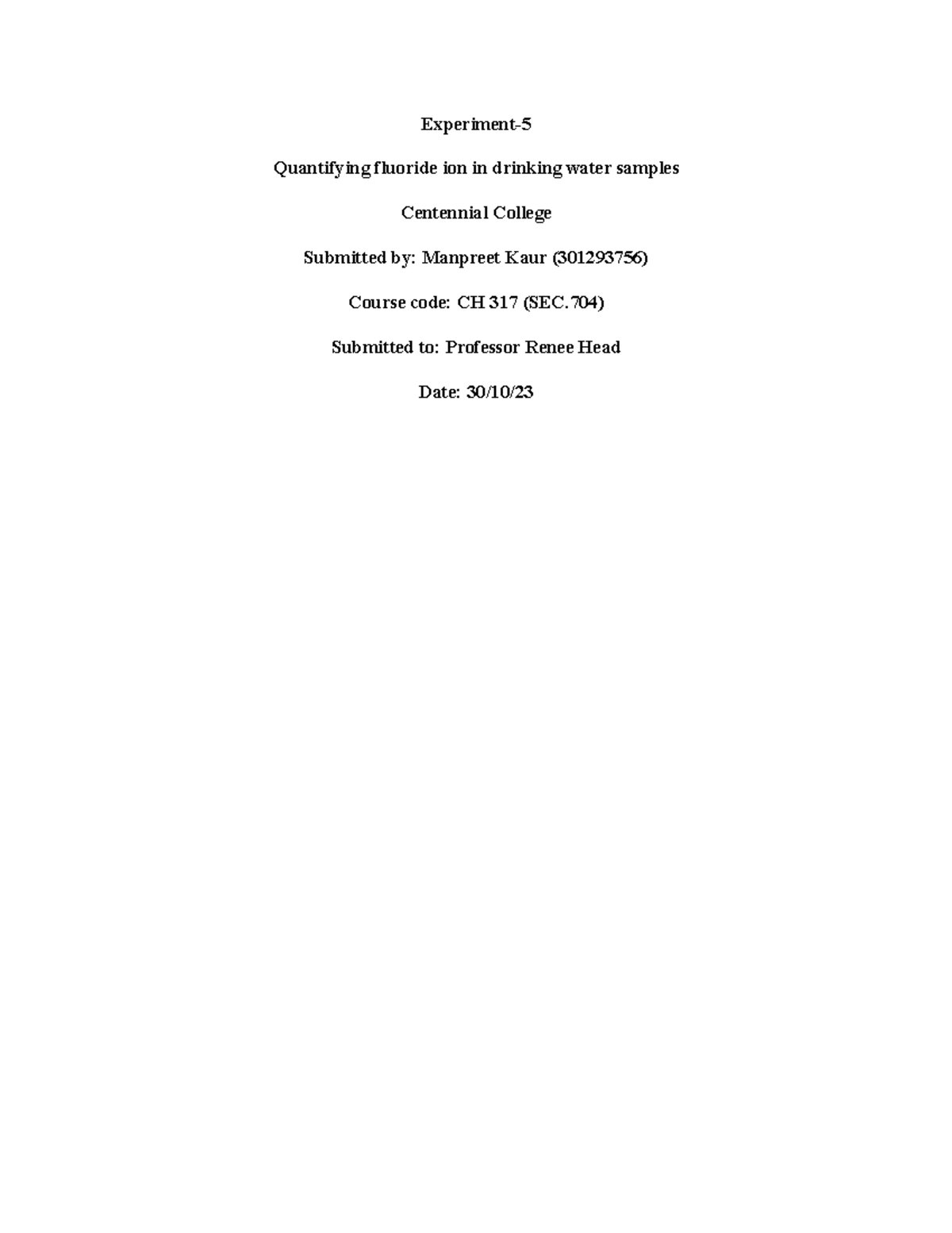 Experiment 5 flourine post lab - Experiment- Quantifying fluoride ion ...