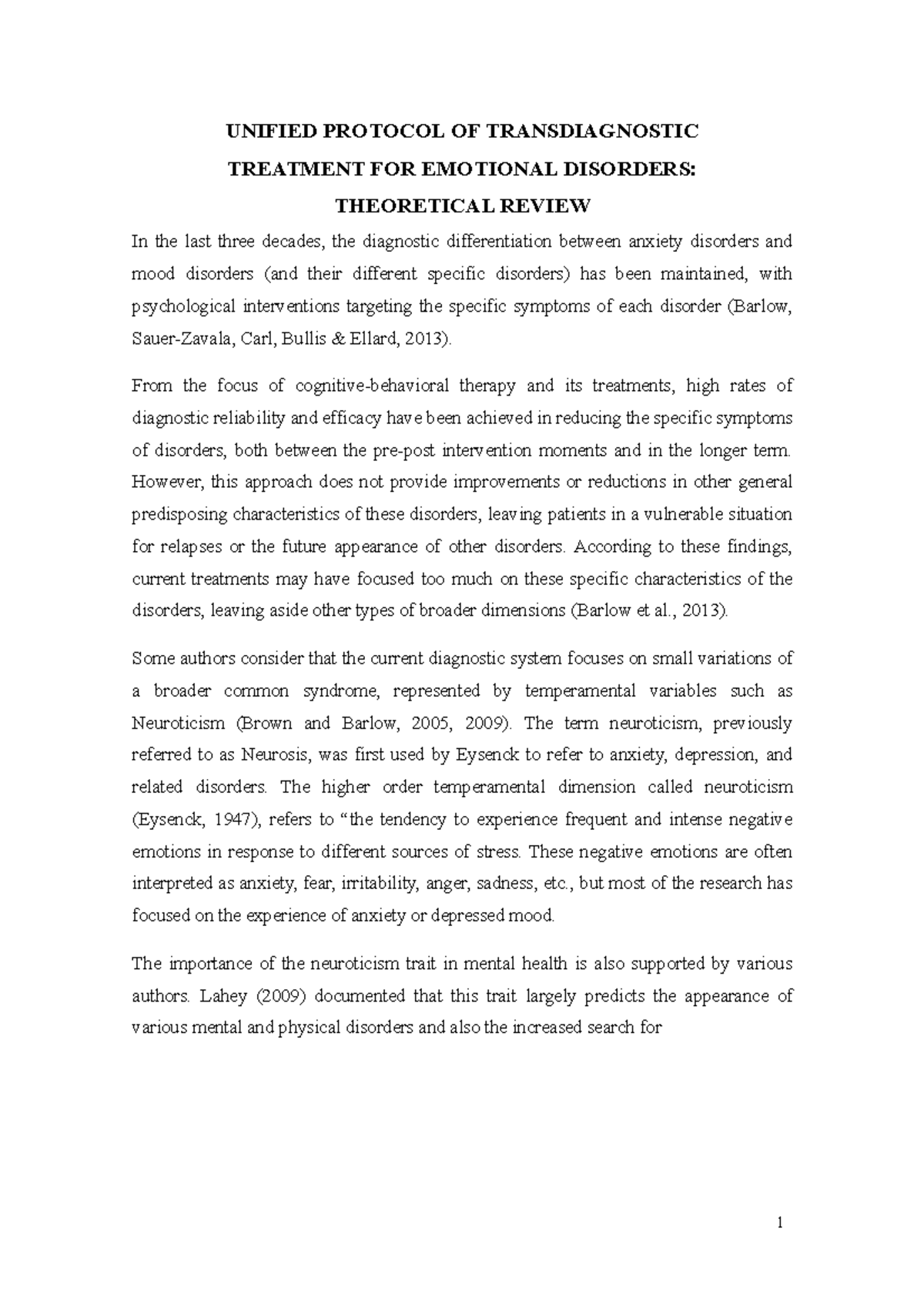 Unified Protocol OF Transdiagnostic Treatment FOR Emotional Disorders ...