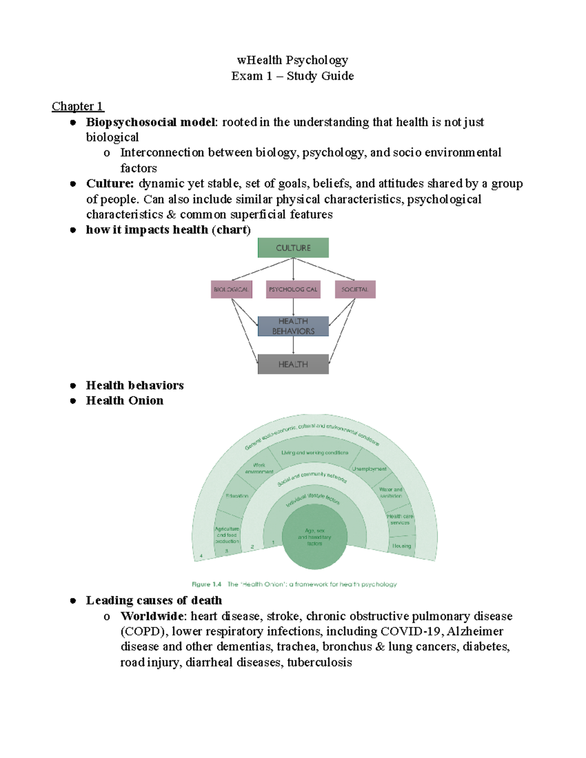 PSYC 213 Exam1Study Guide - wHealth Psychology Exam 1 – Study Guide Chapter 1 Biopsychosocial ...