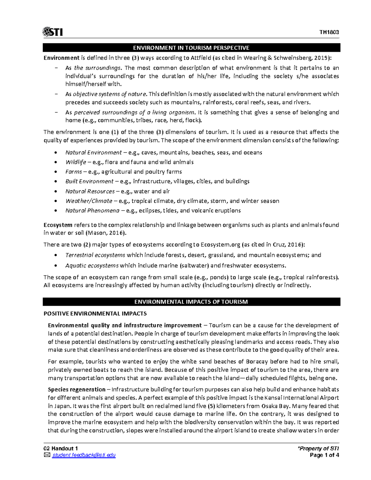 02 Handout 1 - 02 Handout 1 *Property of STI ENVIRONMENT IN TOURISM PERSPECTIVE Environment is ...