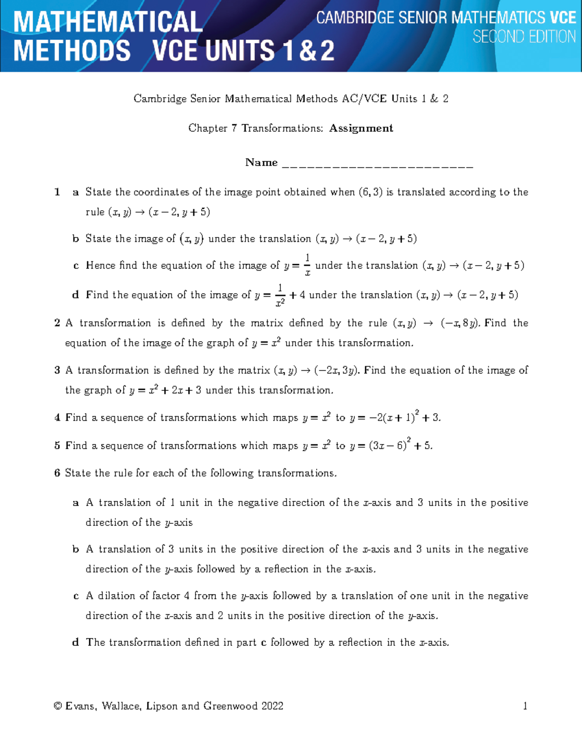 Chapter 7 assignment with answers - Cambridge Senior Mathematical Methods AC/VCE Units 1 & 2 ...