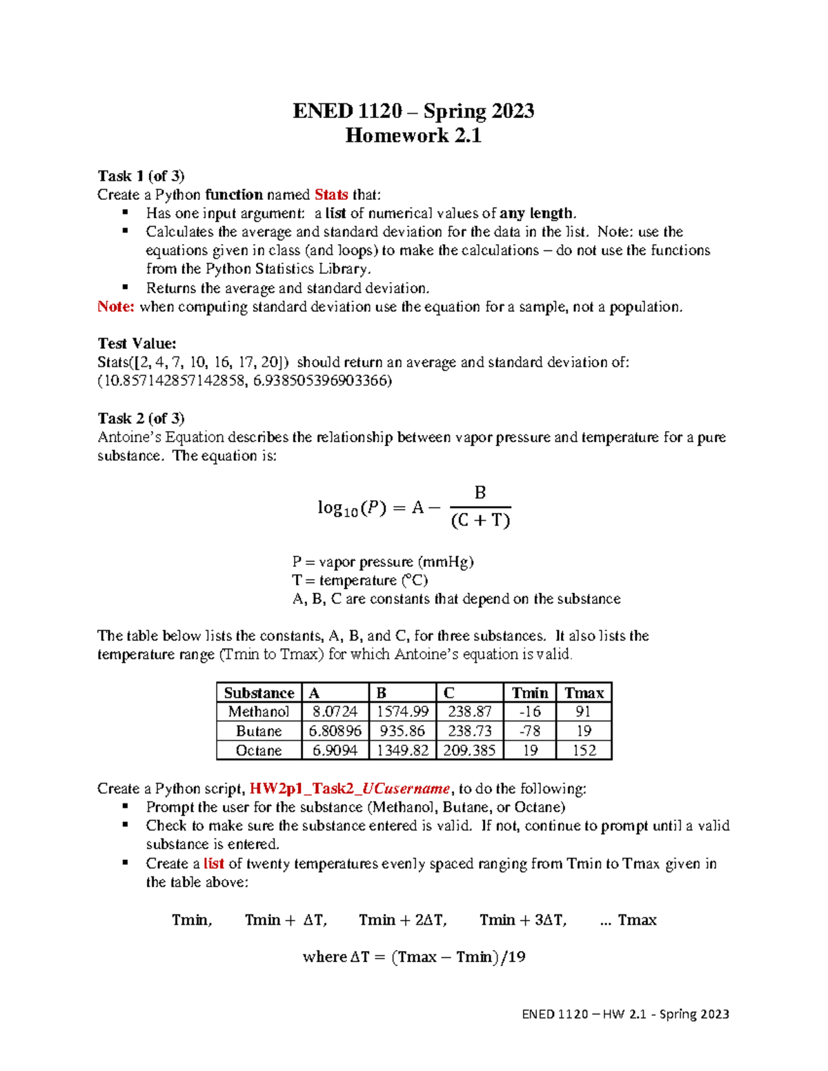 HW 2p1 Python Lists - ENED 1120 - ENED 1120 – HW 2 - Spring 2023 ENED 1120 – Spring 2023 ...