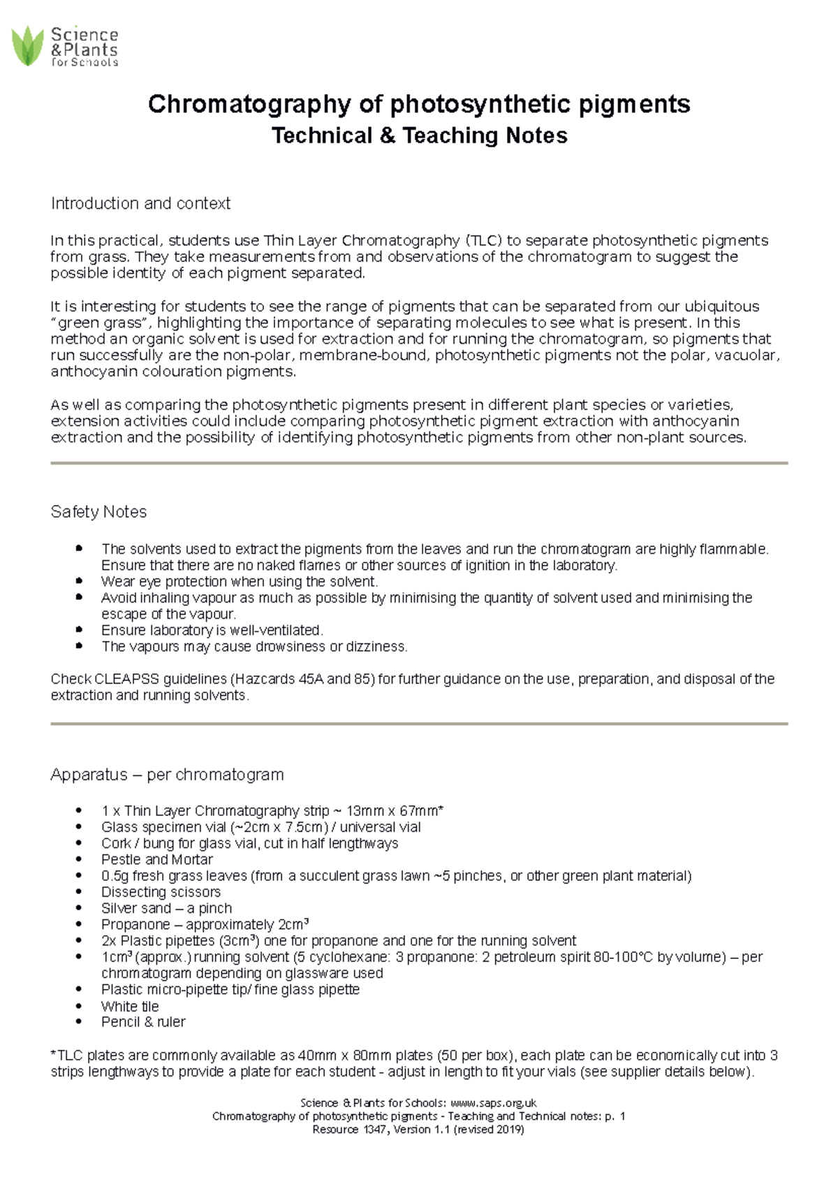 SAPS - Chromatography of photosynthetic pigments - Technical and ...