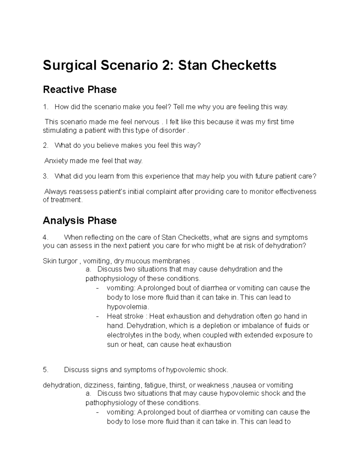 Surgical Scenario 2: Stan Checketts Reactive Phase - Studocu