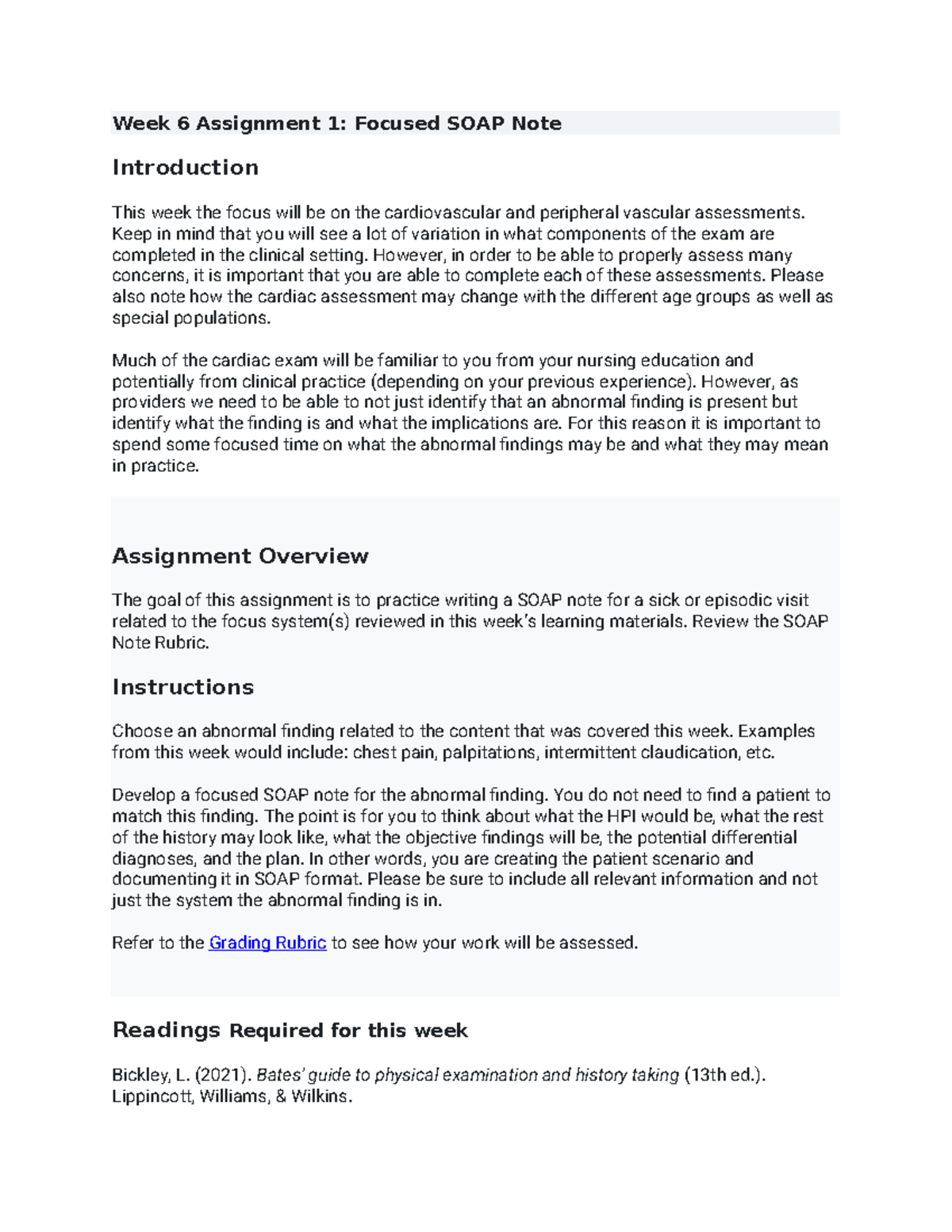 Week 6 SOAP Instr - my ork - Week 6 Assignment 1: Focused SOAP Note ...