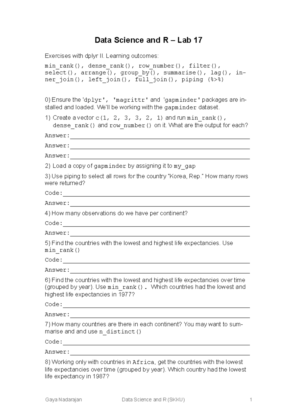 R Lab Sheet Week 17 Dplyr 2 Data Science And R Lab 17 Exercises