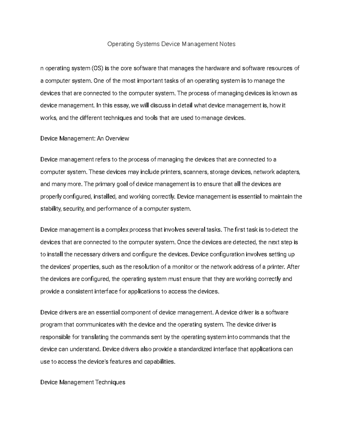 Device Management Notes - One of the most important tasks of an ...