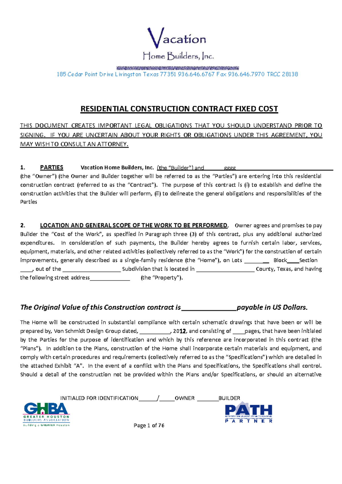 New home construction contract template - INITIALED FOR IDENTIFICATION ...