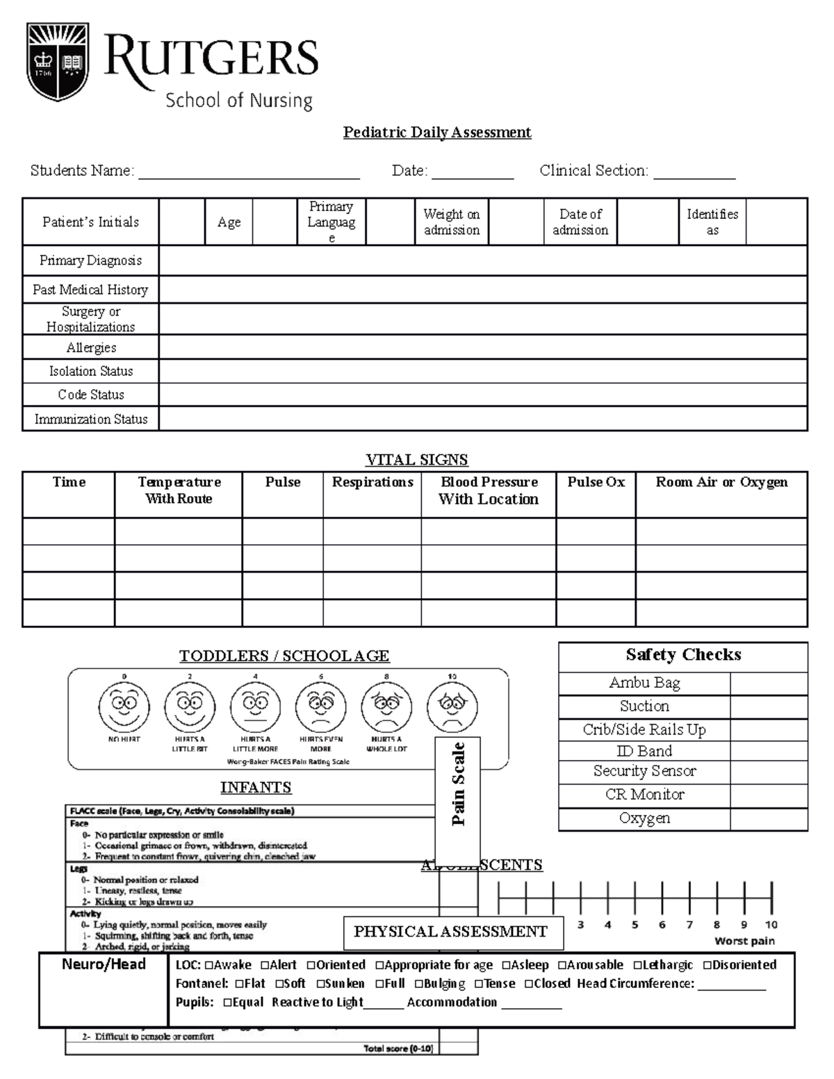Peds Daily Worsheet 2023 - Pediatric Daily Assessment Students Name