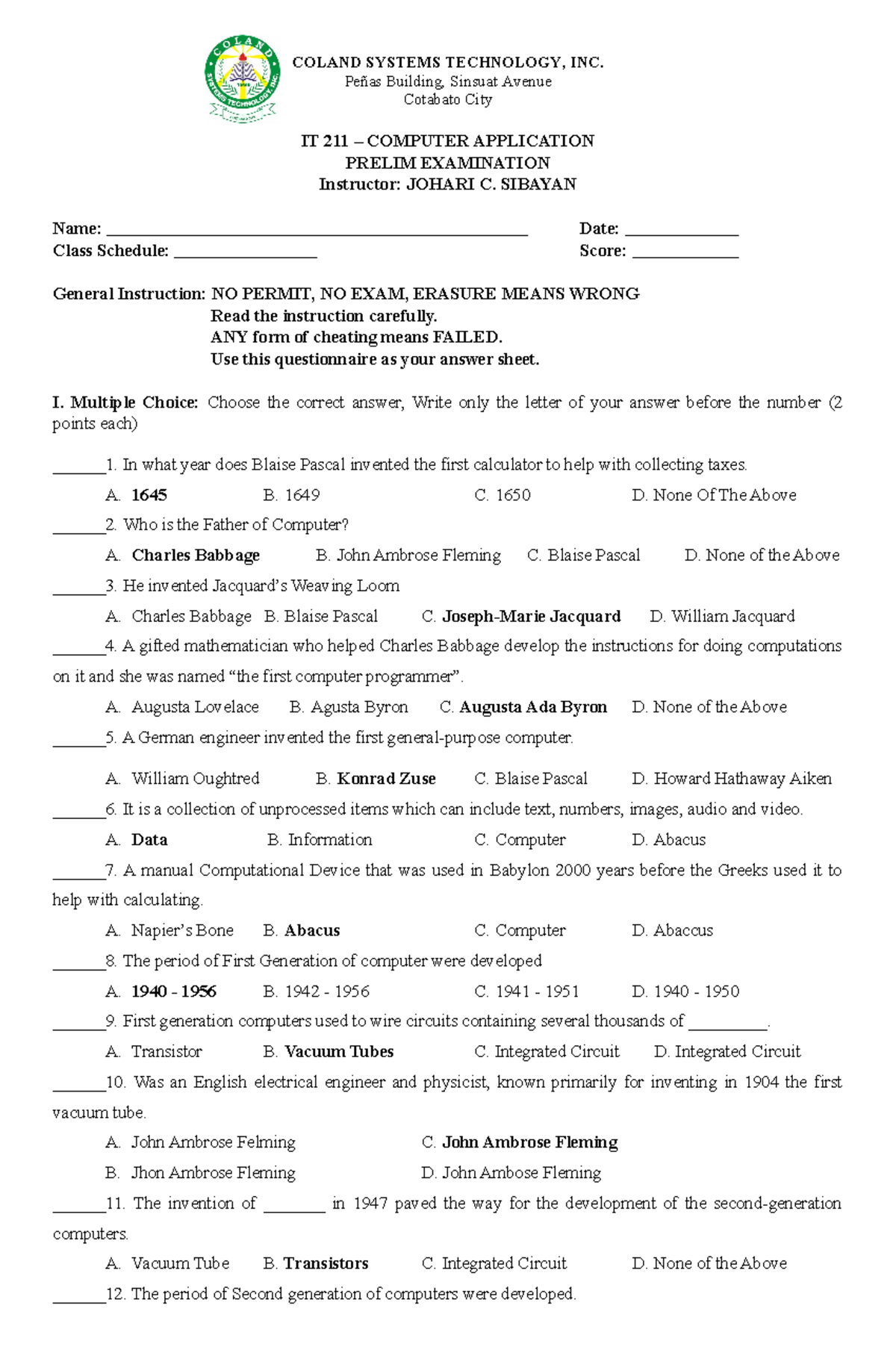 Computer Application - EXAM - COLAND SYSTEMS TECHNOLOGY, INC. Peñas ...