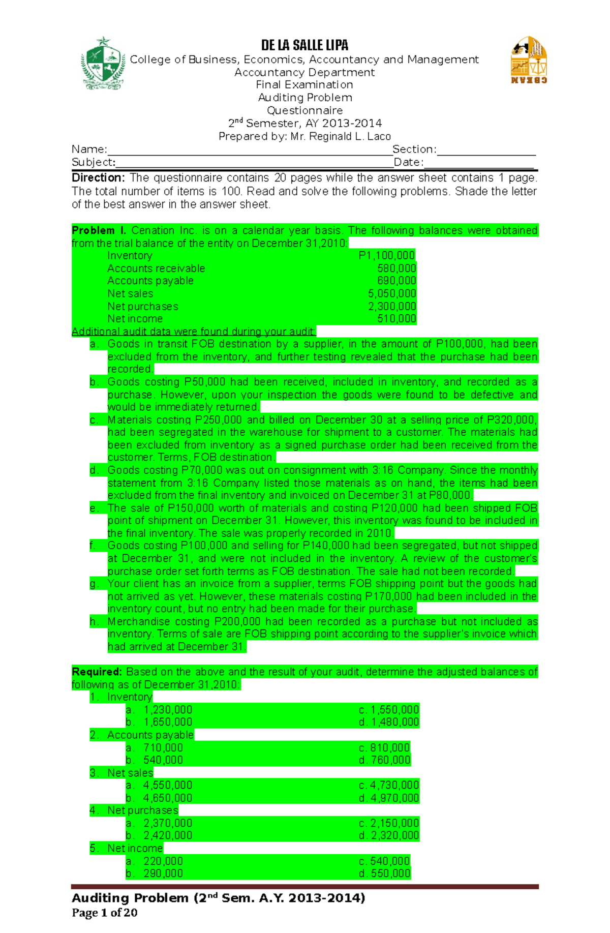 Aud-Prob - Questionnaire - DE LA SALLE LIPA College of Business ...