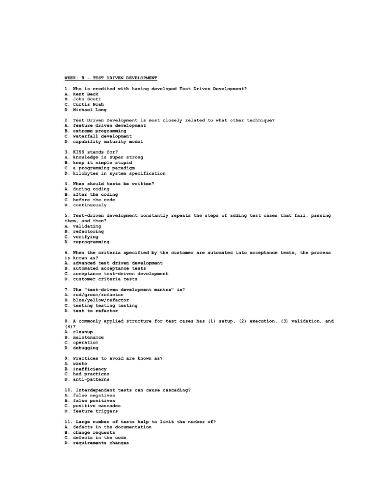Test Driven Development Quiz Week 8 Test Driven Development 1 Who 2101