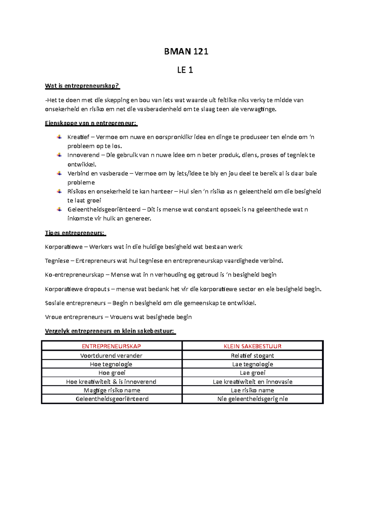 BMAN 121 (LE1) opsom - Summary of the classes, book and other ...
