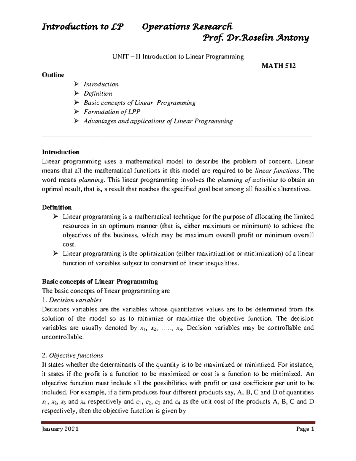 Unit-2 (Intro. to LP) - Prof. Dr Antony UNIT – II Introduction to ...