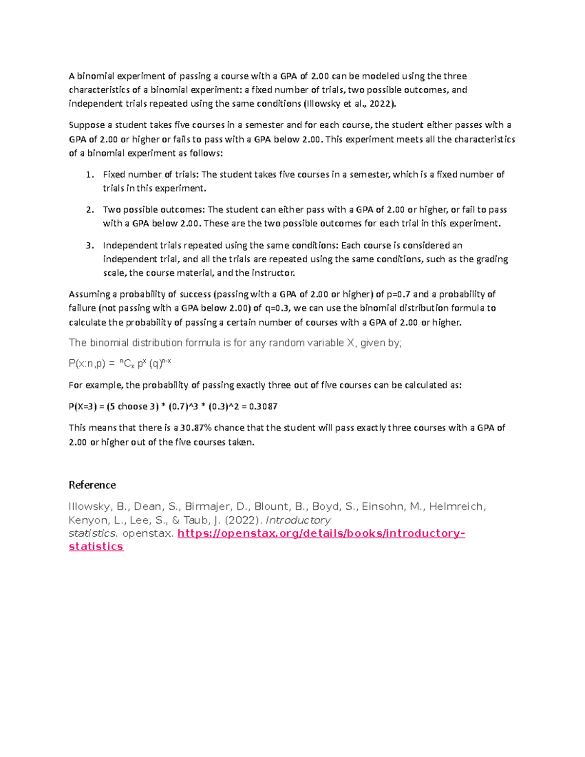 MATH1280Discussion Assignment Unit 4 - A binomial experiment of passing a course with a GPA of 2 ...