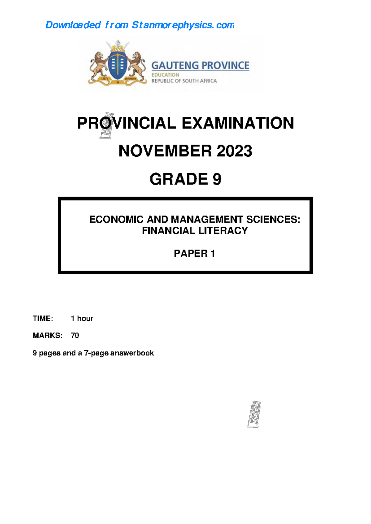 GP EMS Grade 9 November 2023 P1 and Memo - PROVINCIAL EXAMINATION ...