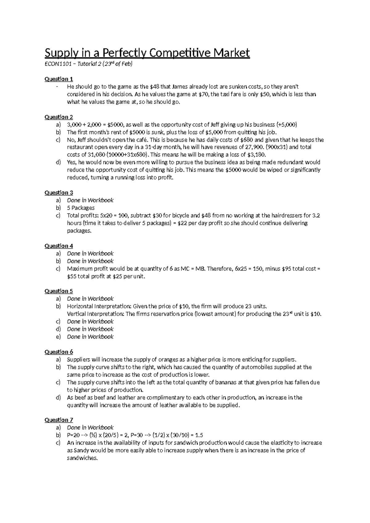 ECON1101 Tutorial 2 Homework - Supply in a Perfectly Competitive Market ...