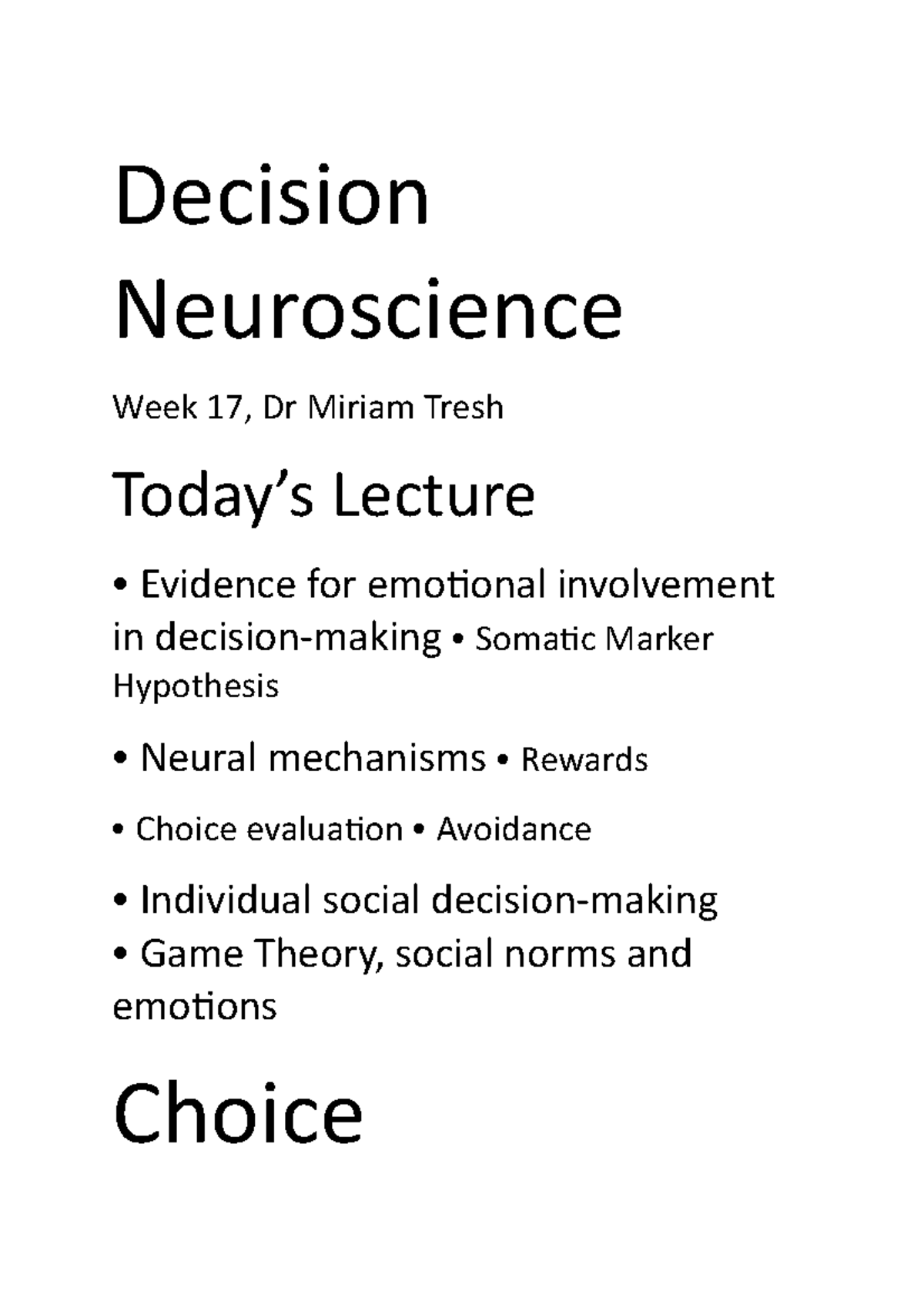 Decision Neuroscience - Decision Neuroscience Week 17, Dr Miriam Tresh ...