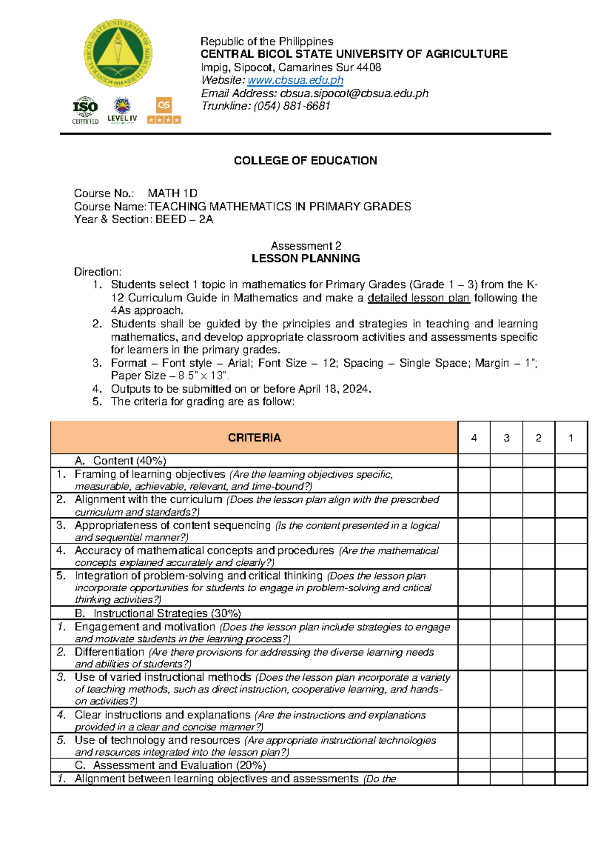 Assessment 2 MATH 1D - NOTES - COLLEGE OF EDUCATION Course No.: MATH 1D ...