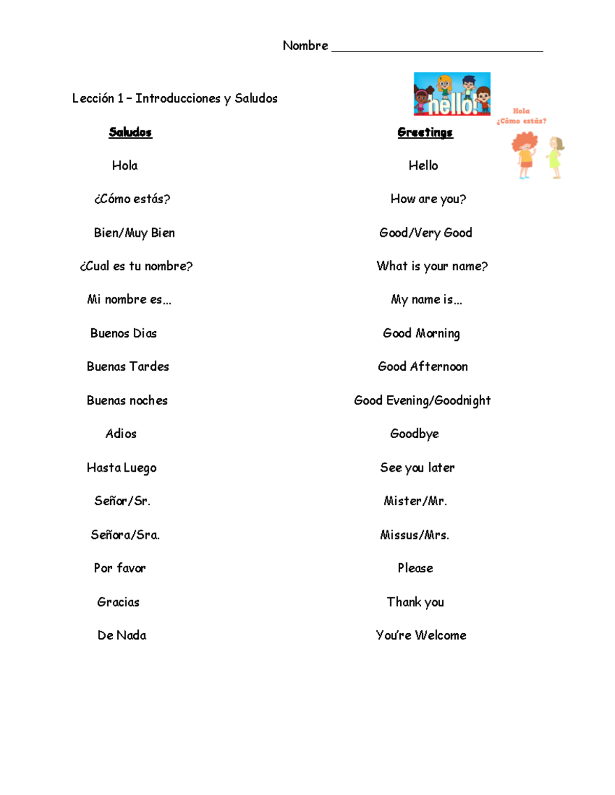 Lesson Plan for all classes - Lección 1 – Introducciones y Saludos ...