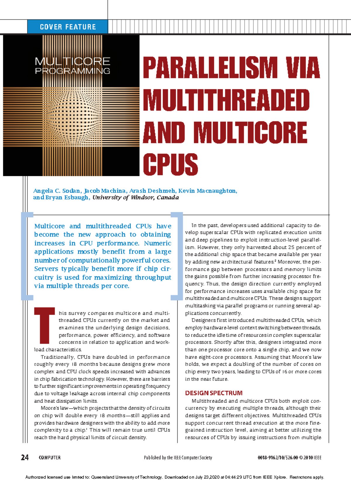 Parallelism via multithread and multicore cpus - 24 COMPUTER C O V E R F E AT U R E Published by ...