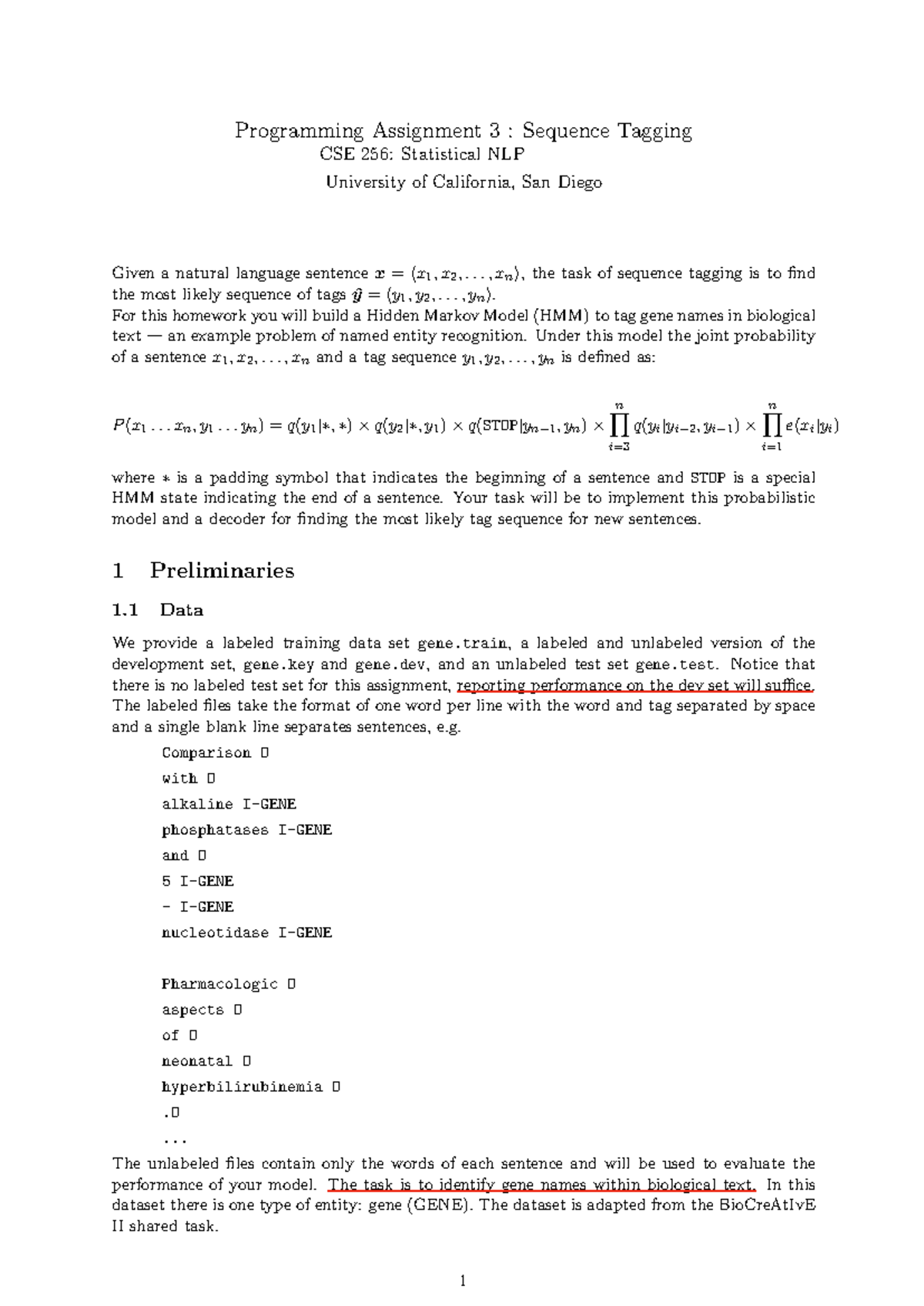 CSE 256 Assignment 3 - Programming Assignment 3 : Sequence Tagging CSE 256: Statistical NLP ...