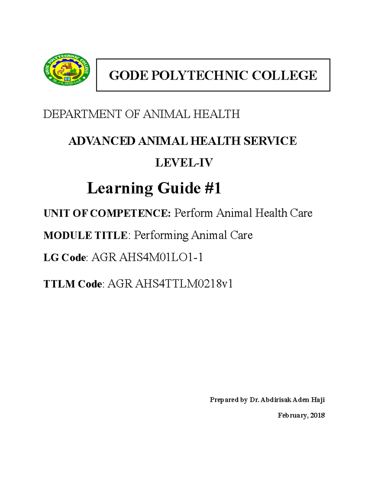 Animal health care - GODE POLYTECHNIC COLLEGE DEPARTMENT OF ANIMAL ...
