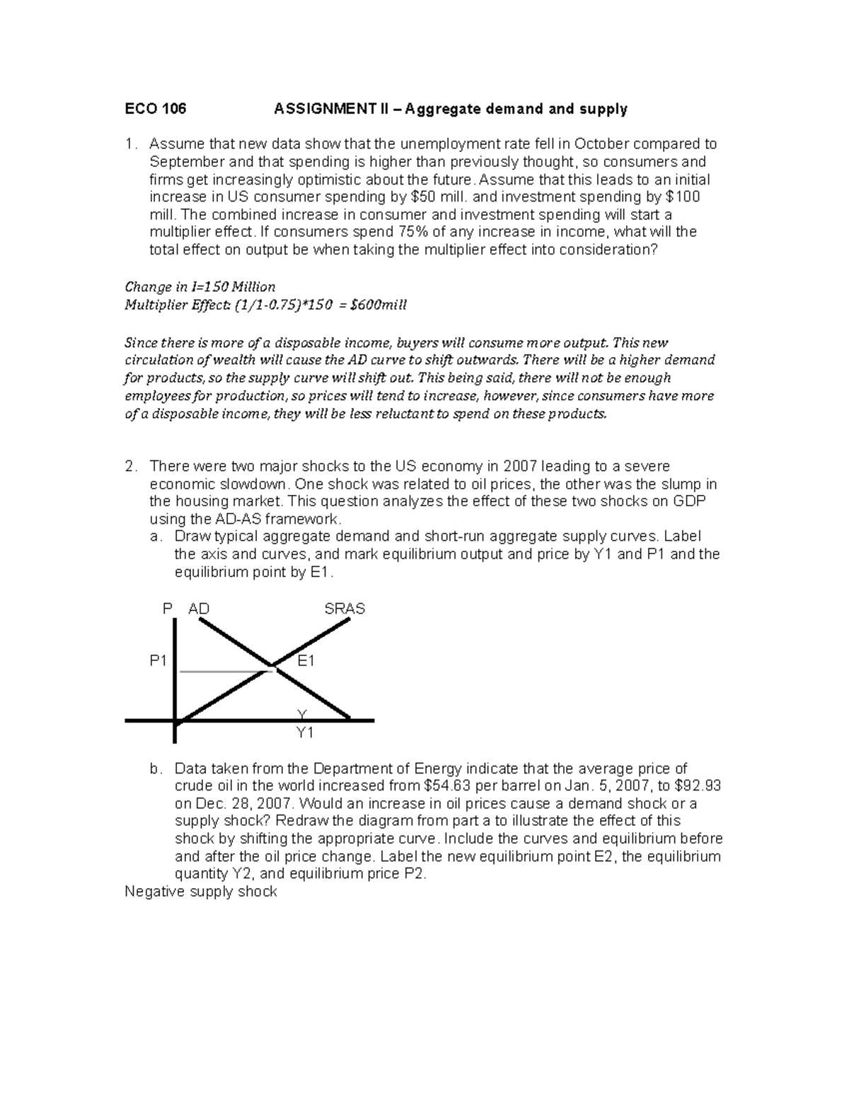 ECO 106 Aggregate Demand and Supply - ECO 106ASSIGNMENT II – Aggregate ...