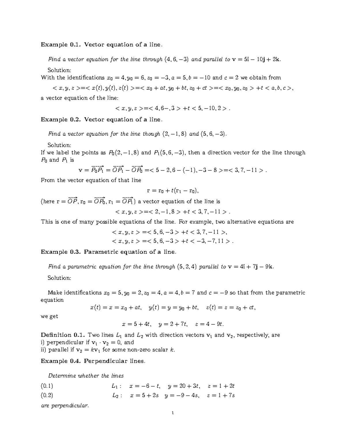 Examplescalc 3 Ma122 Notes For Midterm Final Exam Example 0 Vector Equation Of A Line