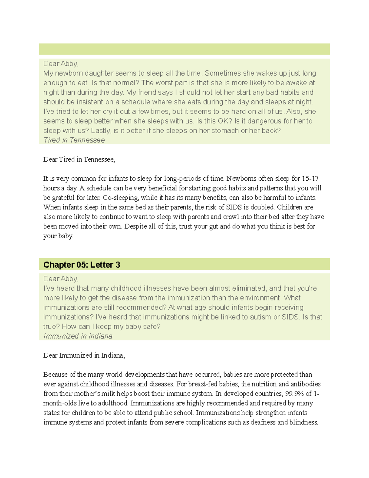 Ch 5 Dear abby letters - Dear Abby, My newborn daughter seems to sleep ...