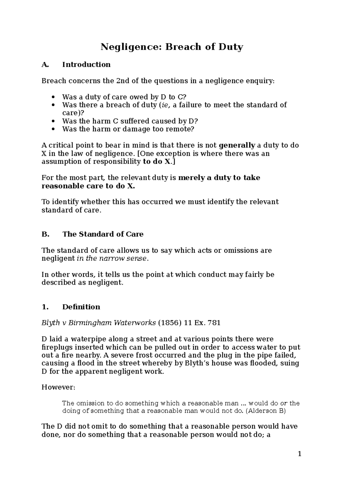 Breach of Duty Lecture 1 - Negligence: Breach of Duty A. Introduction ...