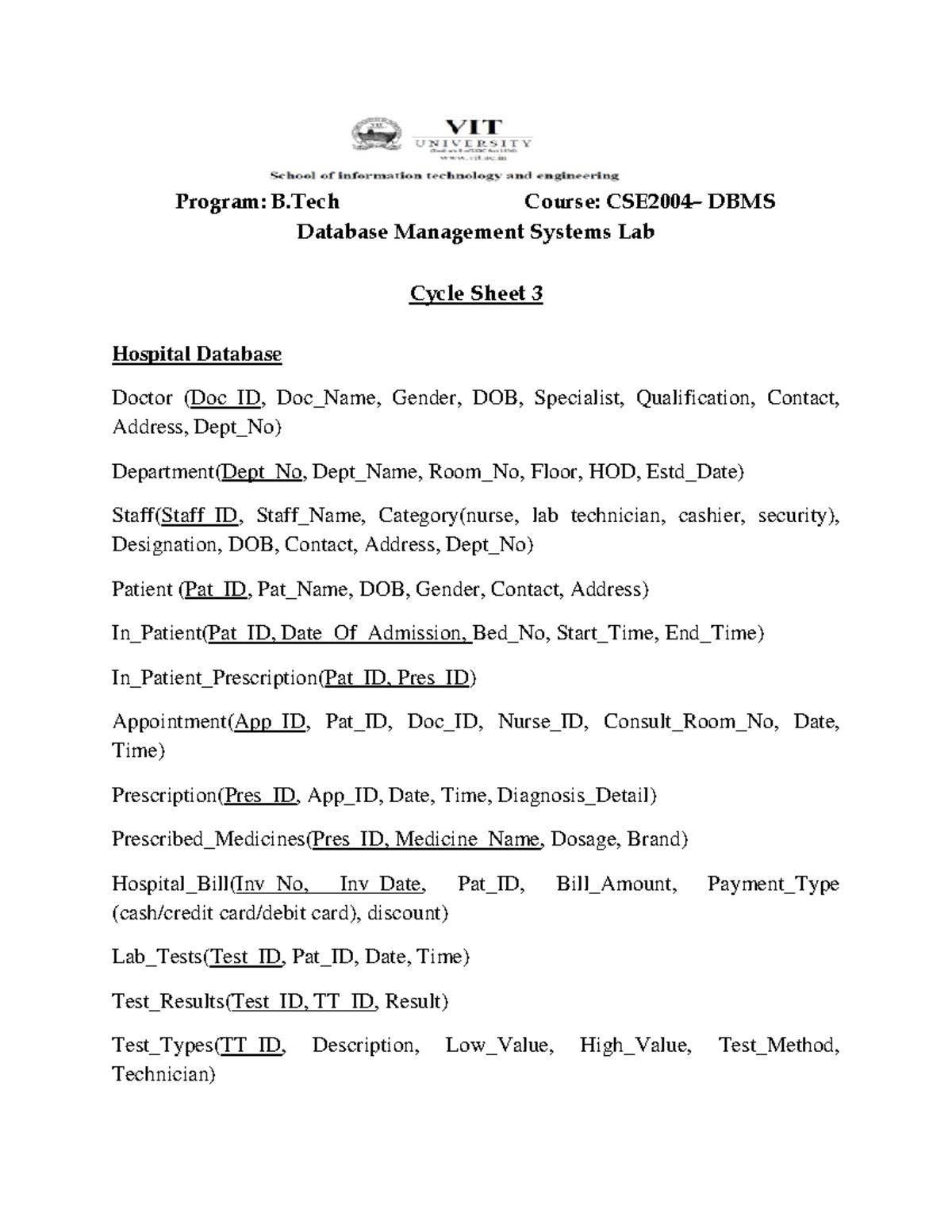 ELA-3 - lab assignment - Program: B Course: CSE2004– DBMS Database Management Systems Lab Cycle ...
