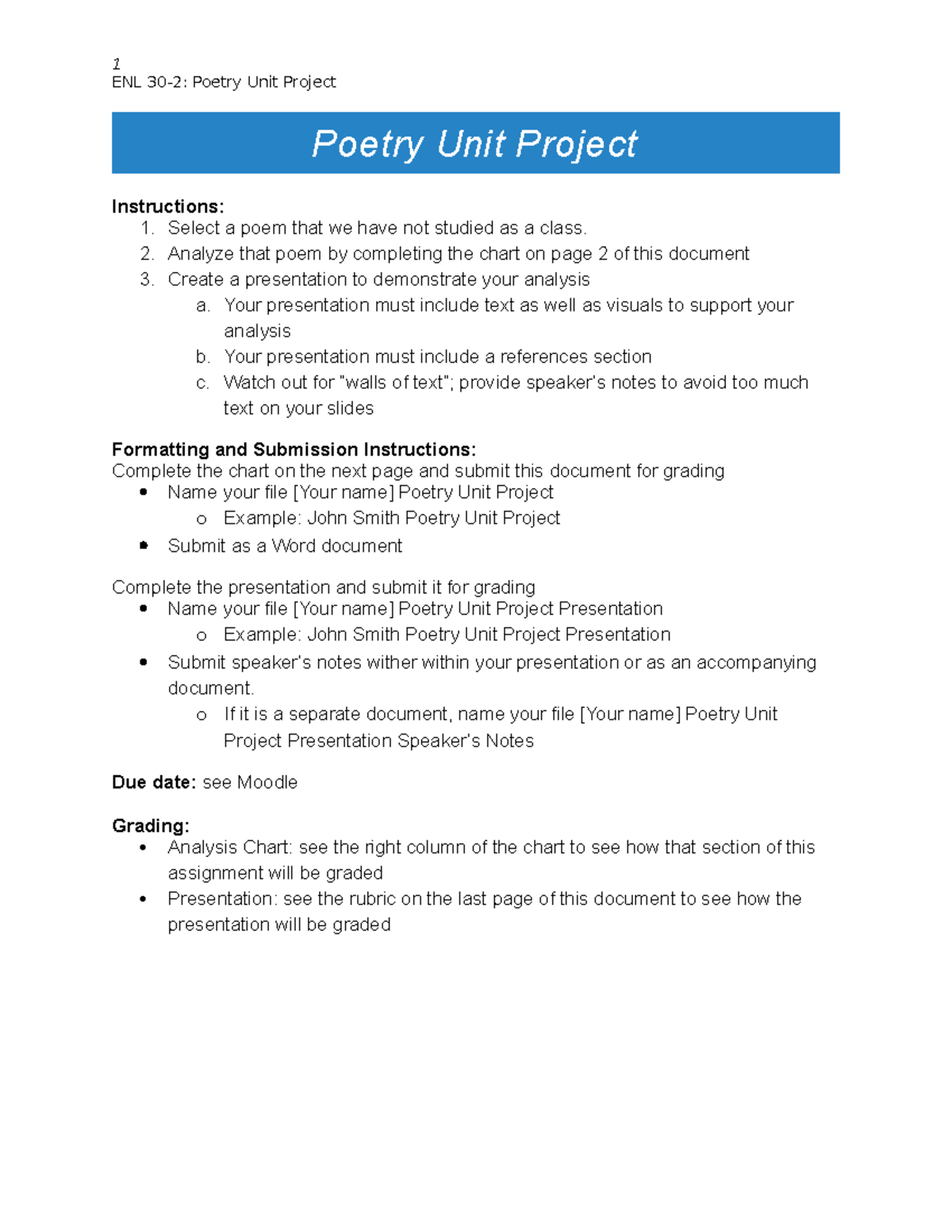 30 2 Poetry Unit Project chart presentation - 1 ENL 30-2: Poetry Unit ...