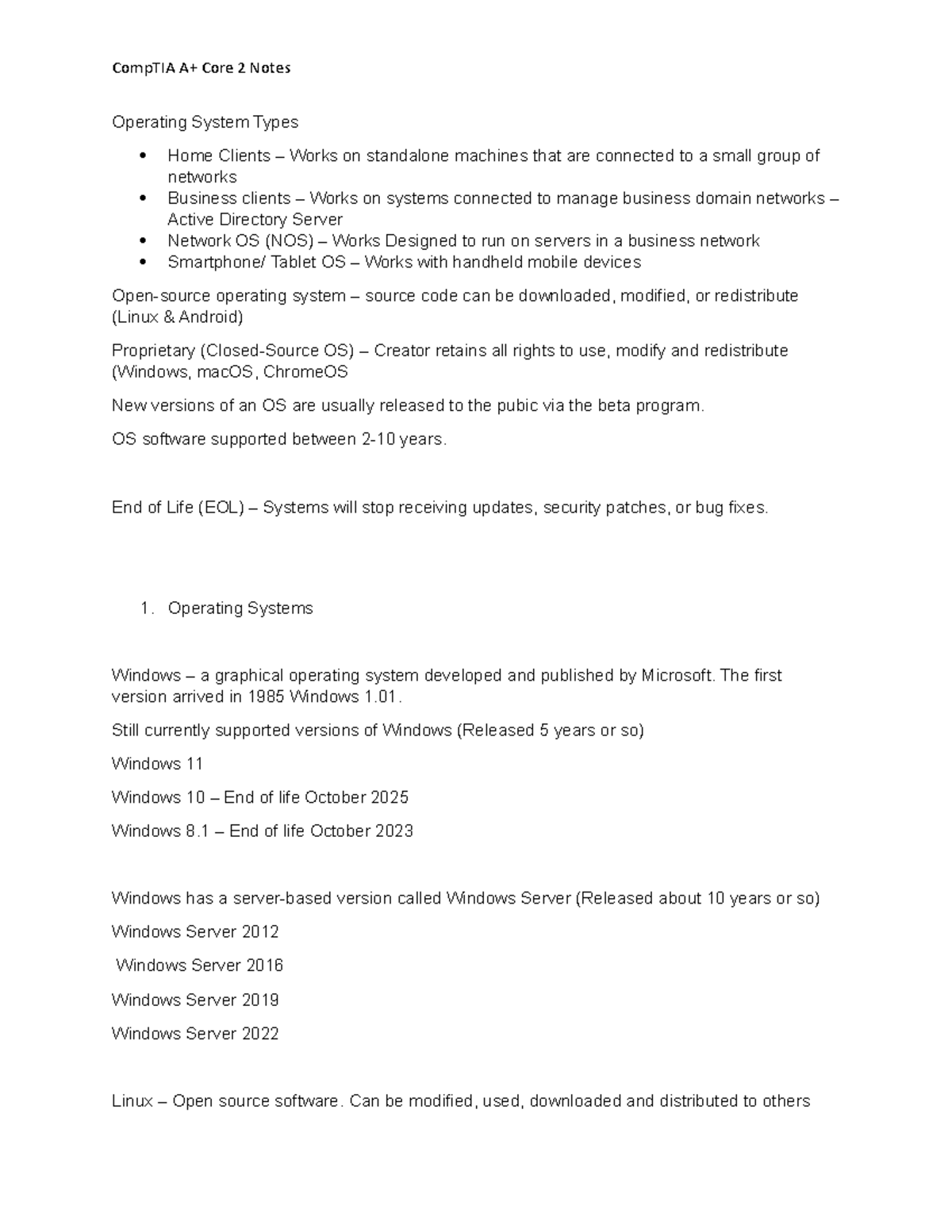 Comp TIA Core 2 Notes - Operating System Types Home Clients – Works on ...