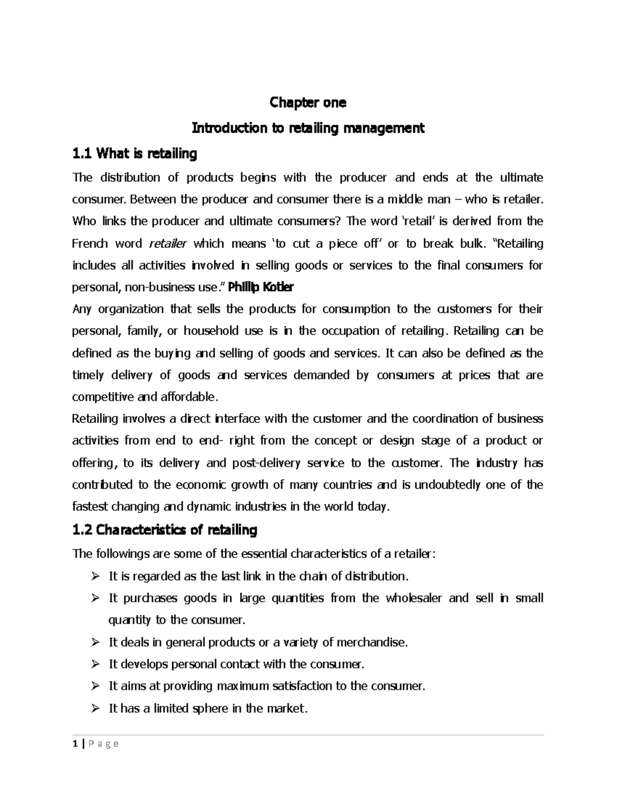 Chapter 1 - Notes - Chapter one Introduction to retailing management 1 ...