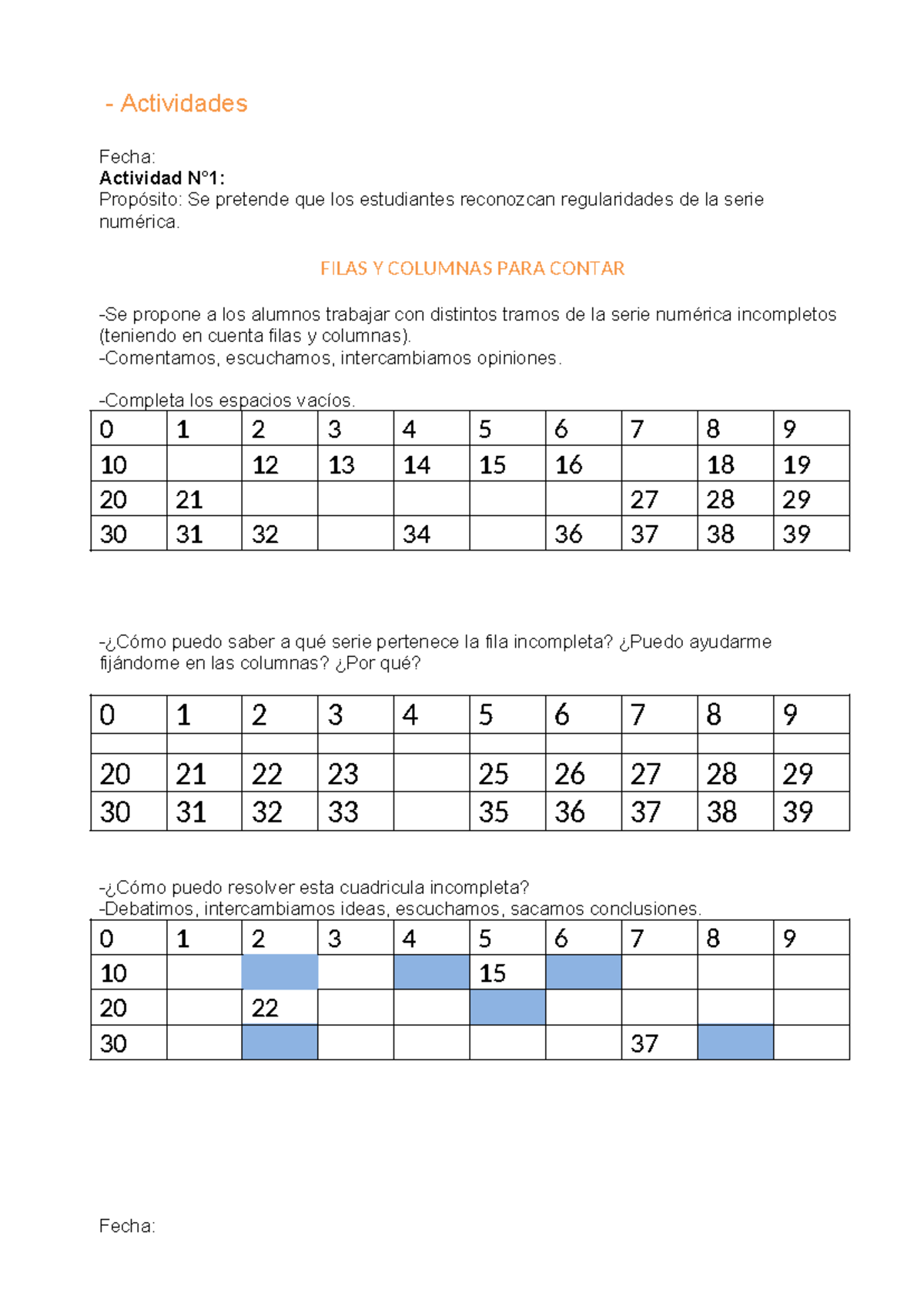 Clases Matemática - grilla numerica - Actividades Fecha: Actividad N°1: Propósito: Se pretende ...