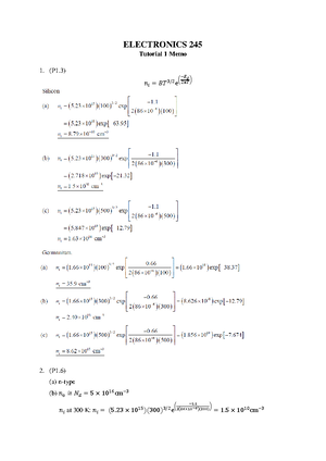 Tutorial 1 Memo - Semiconductors introduction - ELECTRONICS 245 Tutorial 1 Memo (P1) 𝑛𝑖 = 𝐵𝑇3/2e ...