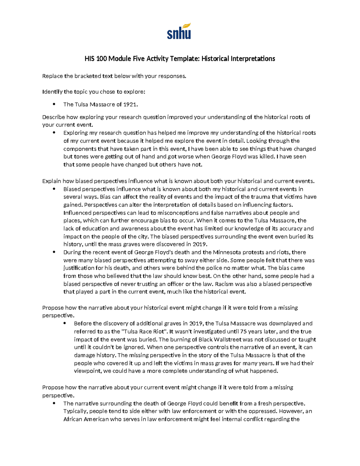 HIS 100 Module Five Activity Template 5 - Identify the topic you chose ...