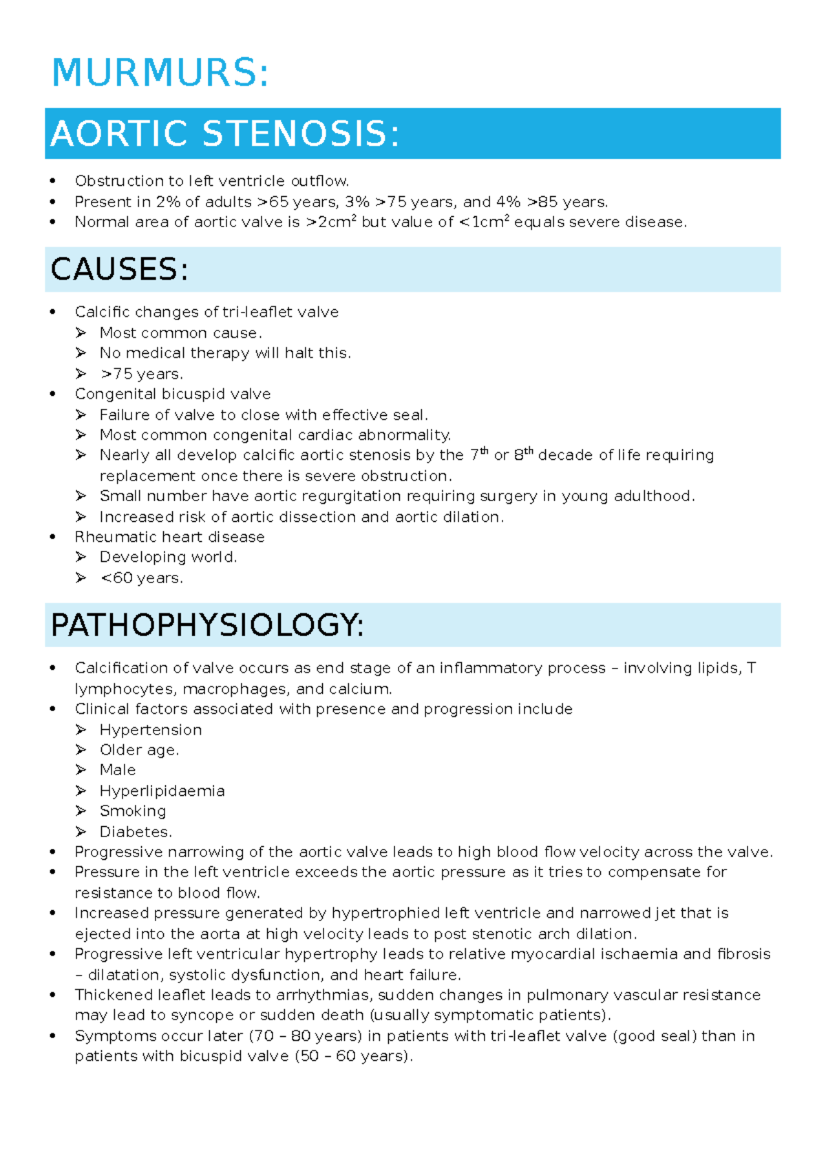 Murmurs summary notes - MURMURS: AORTIC STENOSIS: Obstruction to left ...