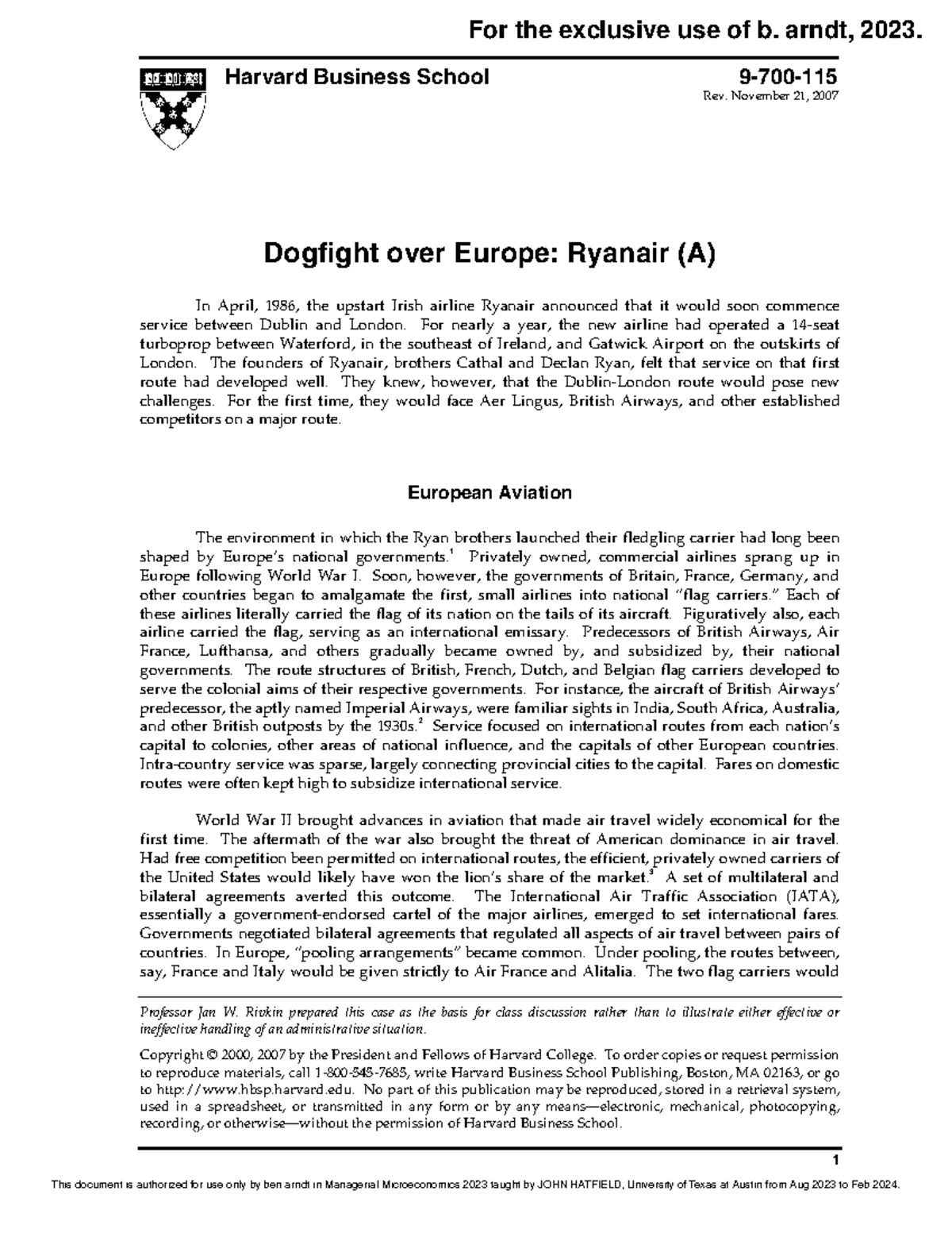 Ryanair - HBS case - Harvard Business School 9-700- Rev. November 21 ...